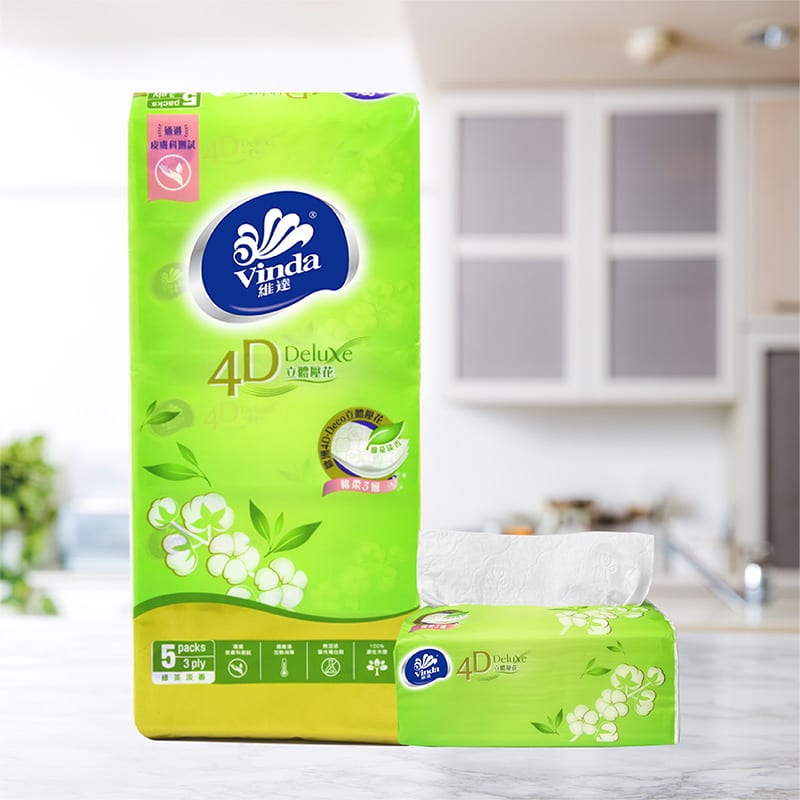 Vinda 4D Deluxe 100sheets 3ply Soft Pack Facial Tissue VC2430 (Size: M) (Green Tea) (5 packs)